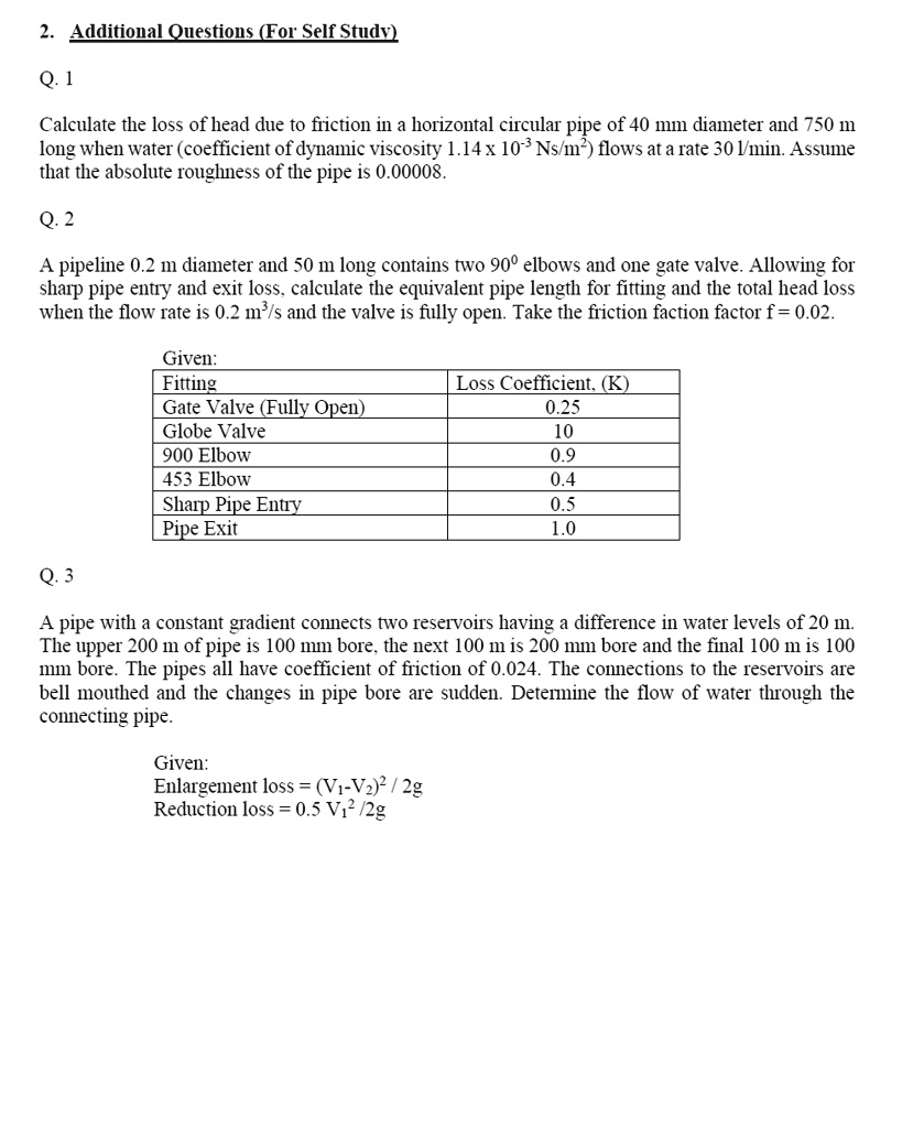 SOLVED: Q.1 Calculate the loss of head due to friction in a horizontal ...