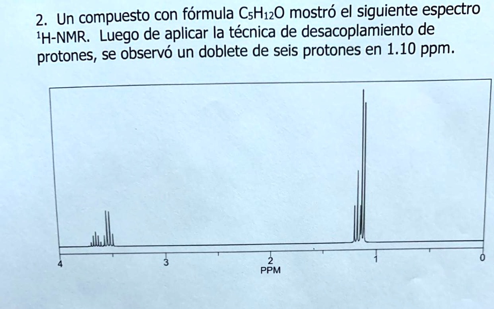 2. Un compuesto con fórmula C5H12O mostró el siguiente espectro ^1H-NMR ...