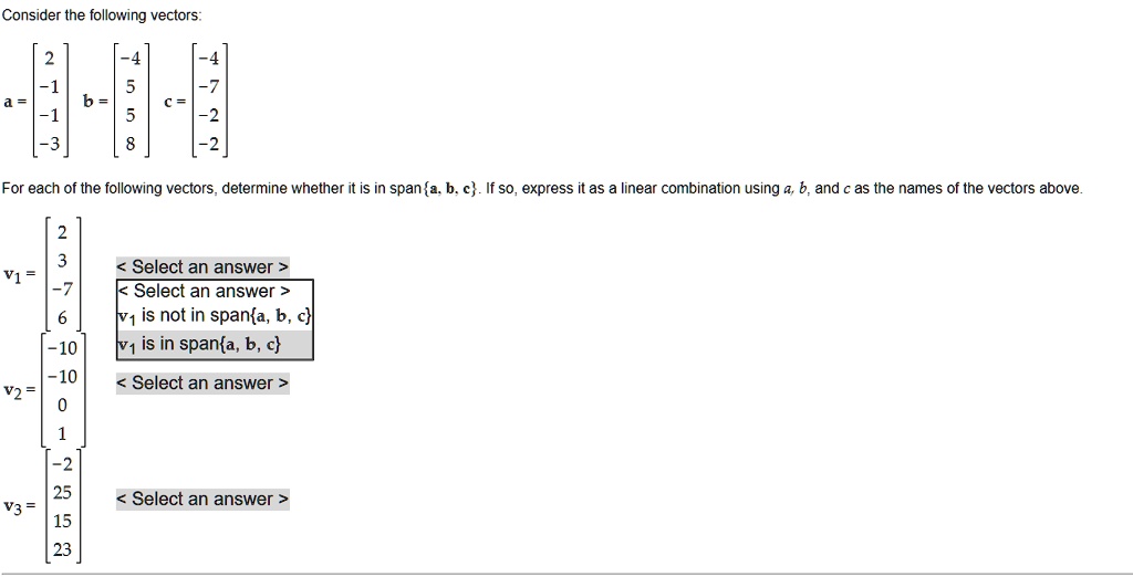 SOLVED: Consider the following vectors For each of the following ...