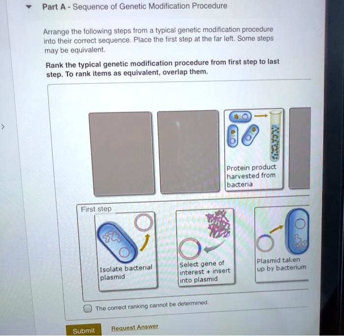SOLVED: Arrange the following steps from a typical genetic modification ...