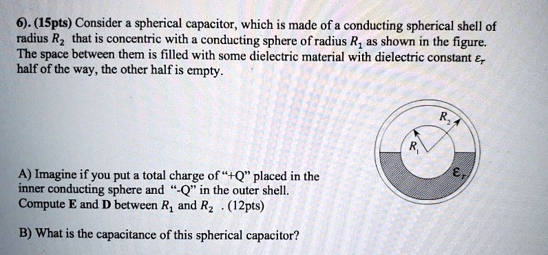 6). (15pts) Consider a spherical capacitor, which is made of a conducting spherical shell of ...