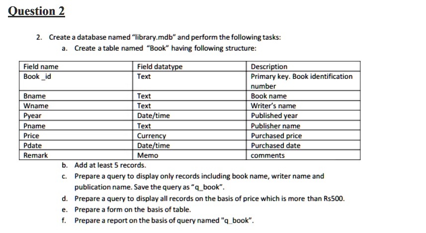 Question 2 2. Create a database named "library.mdb" and perform the following tasks: a. Create a ...