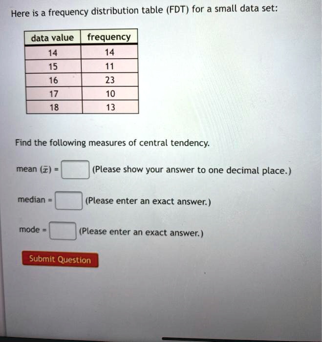 SOLVED: Here is a frequency distribution table (FDT) for a small data set: data value frequency ...