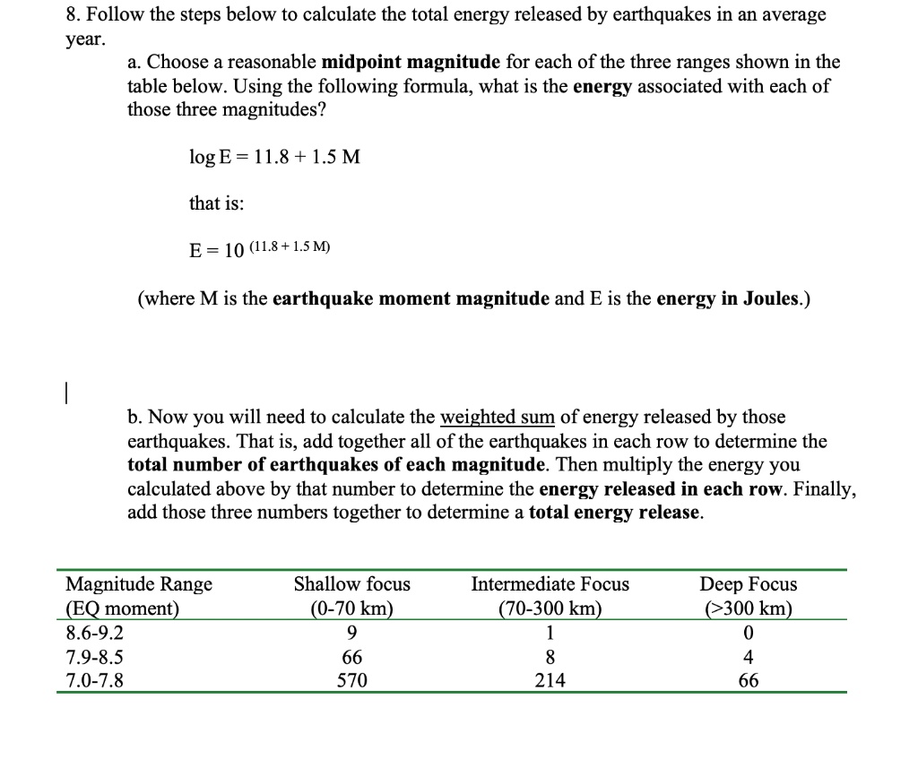 SOLVED: 8. Follow the steps below to calculate the total energy released by earthquakes in an ...