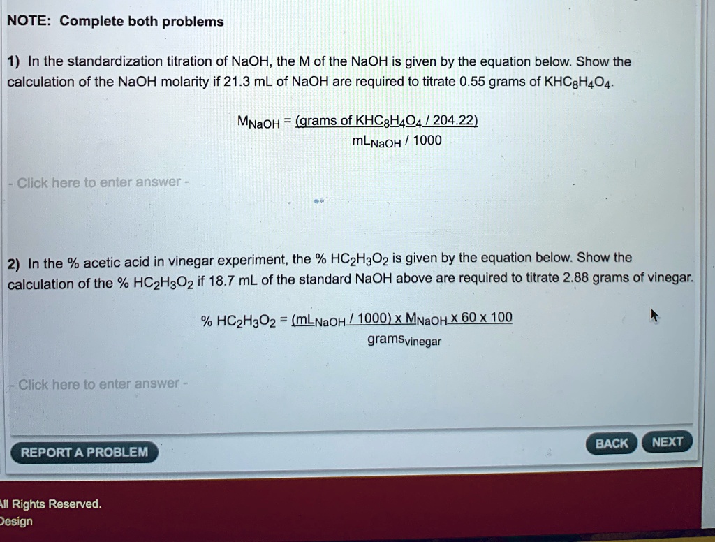 SOLVED: 1) In the standardization titration of NaOH, the Molarity (M) of the NaOH is given by ...