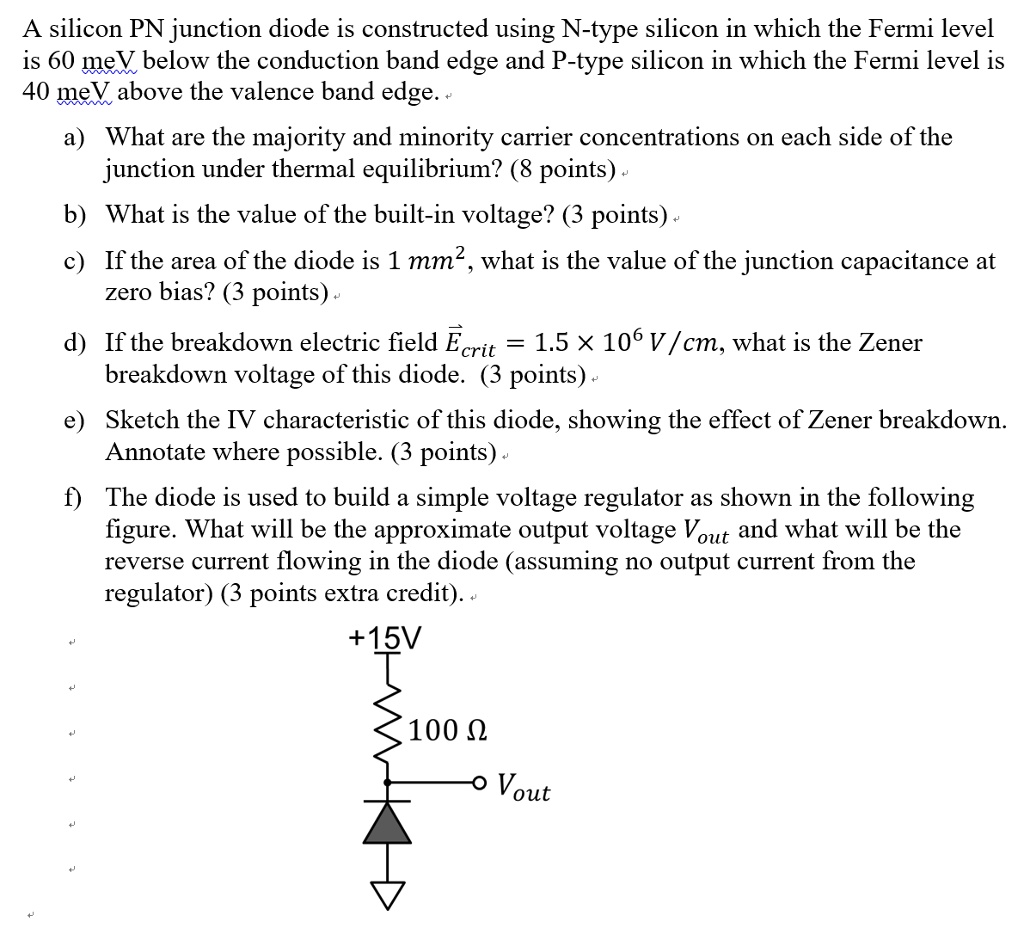 A silicon PN junction diode is constructed using N-type silicon in which the Fermi level is 60 ...
