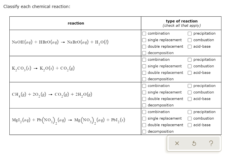 Solved Classify Each Chemical Reaction Type Of Reaction Check All That Apply Combination