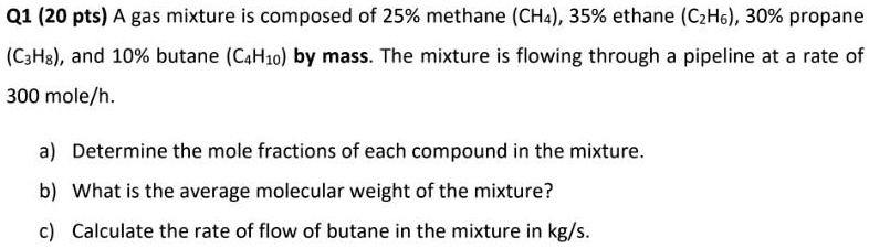 SOLVED: Q1) A gas mixture is composed of 25% methane (CH4), 35% ethane (CH3), 30% propane (C3H8 ...