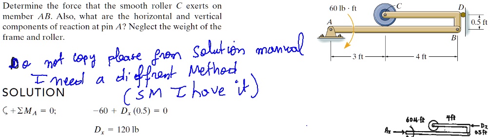 Determine the force that the smooth roller C exerts on member AB. Also ...