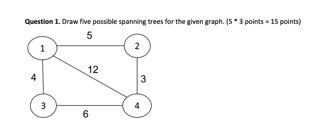 SOLVED: Please show 5 possible examples of MST. Thank You Question 1 ... SOLVED: Please show 5 possible examples of MST. Thank You Question 1 ...