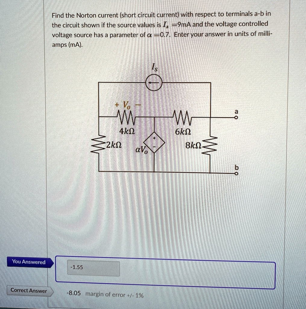 Find the Norton current (short circuit current) with respect to terminals a-b in the circuit ...