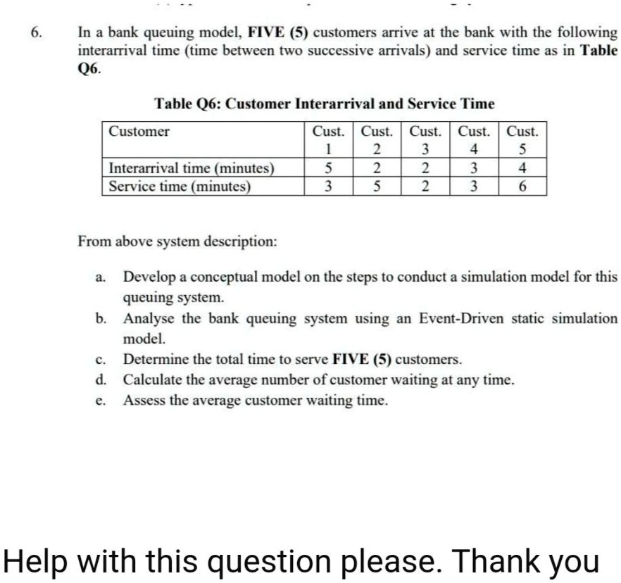 SOLVED: In a bank queuing model, FIVE (5) customers arrive at the bank with the following ...