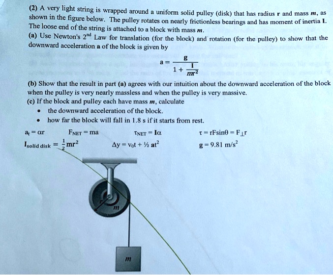 very light string is wrapped around uniform solid pulley disk that has radius and mass m a5 ...