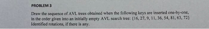 PROBLEM 3 Draw the sequence of AVL trees obtained when the following keys are inserted one-by ...