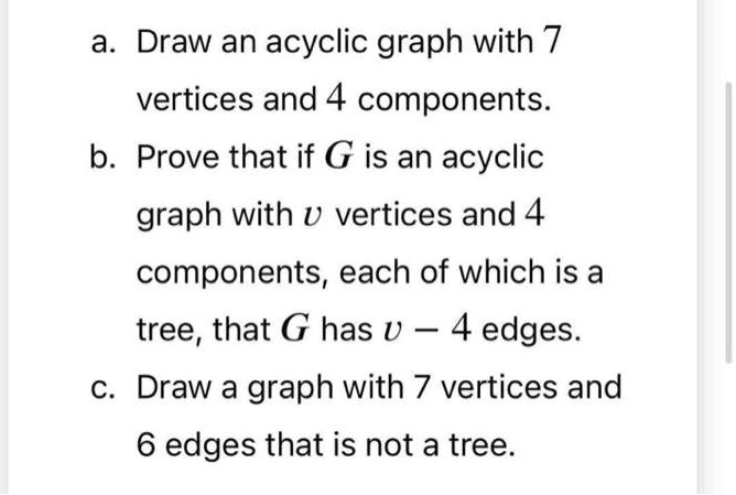 SOLVED: a. Draw an acyclic graph with 7 vertices and 4 components. b ...