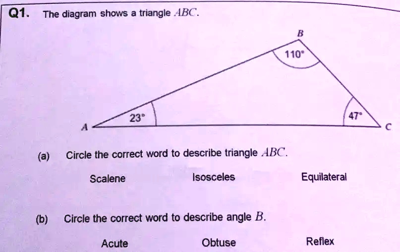 [GET ANSWER] Q1. The diagram shows a triangle ABC. B 110° 23° A (a ...