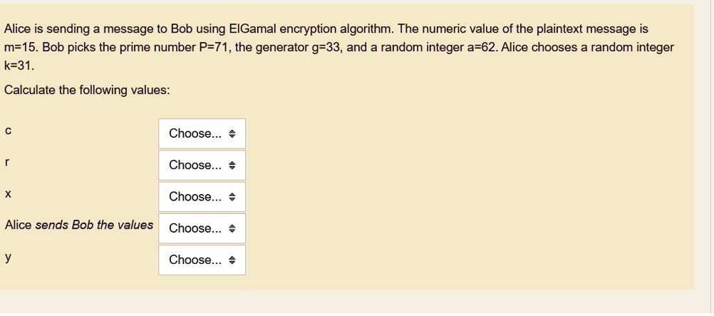 Solved Alice Is Sending A Message To Bob Using The Elgamal Encryption Algorithm The Numeric