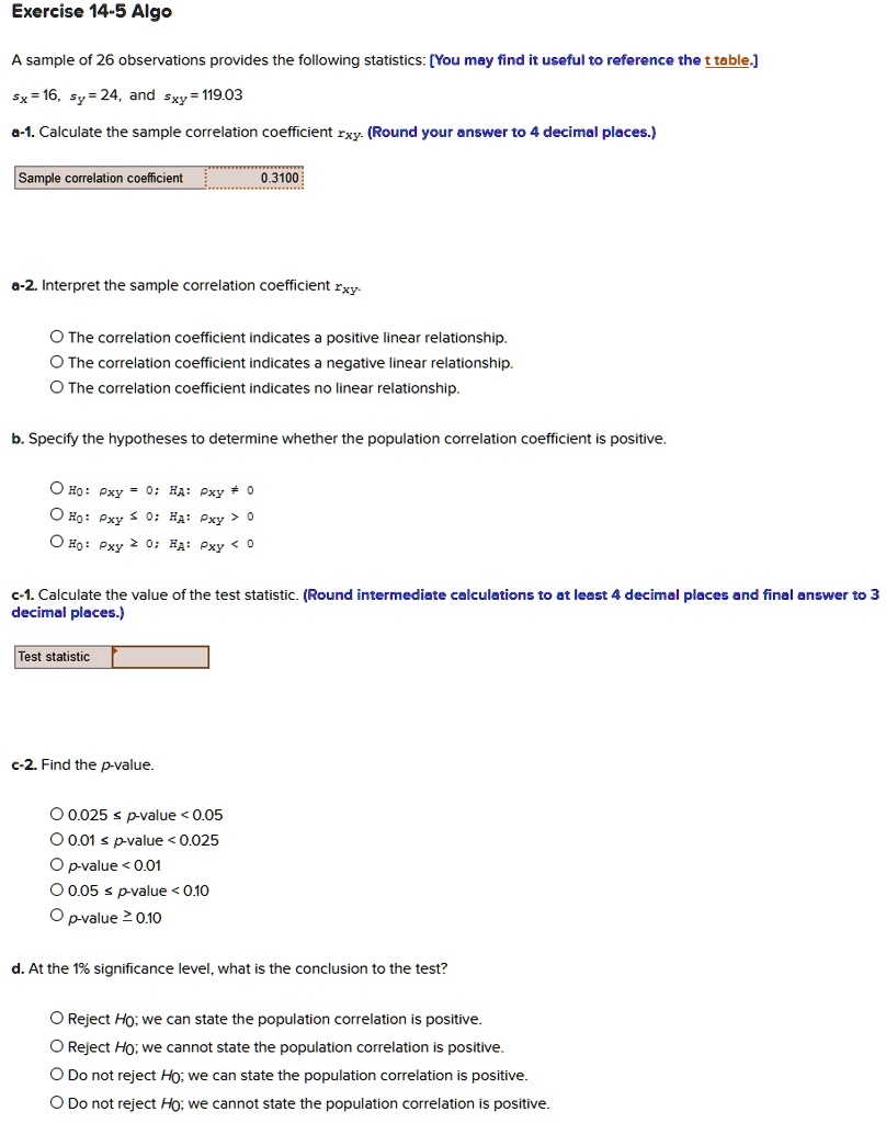 exercise 14 5 algo a sample of 26 observations provides the following ...