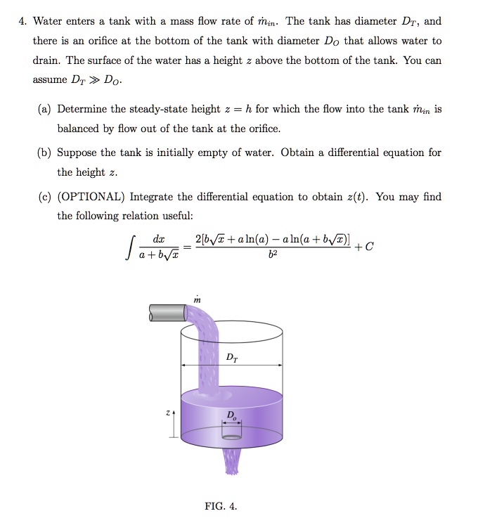 4. Water enters a tank with a mass flow rate of ṁin. The tank has ...