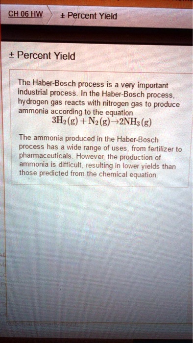 CH 06 HW + Percent Yield + Percent Yield The Haber-Bosch process is a ...