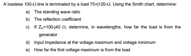 SOLVED: Lossless 100-02 line is terminated by load 75+j120Î©. Using the ...
