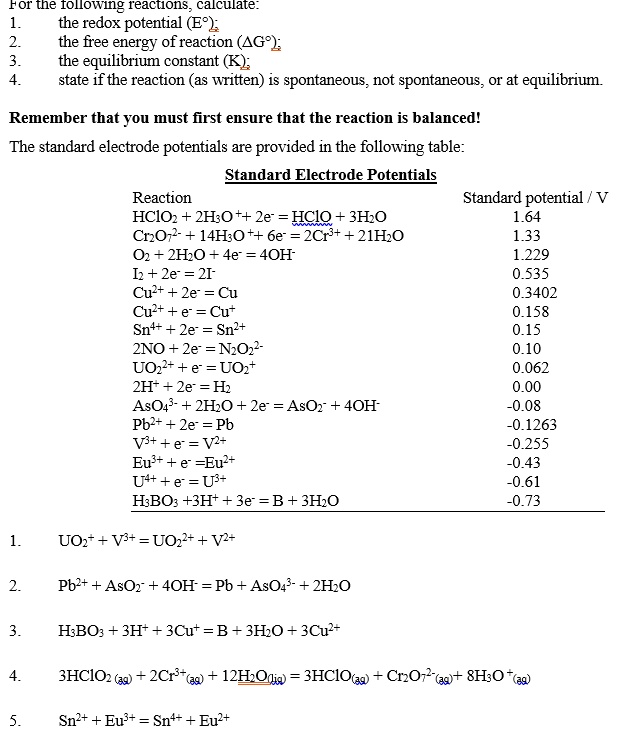 for the following reactions calculate 1 the redox potential e 2 the ...