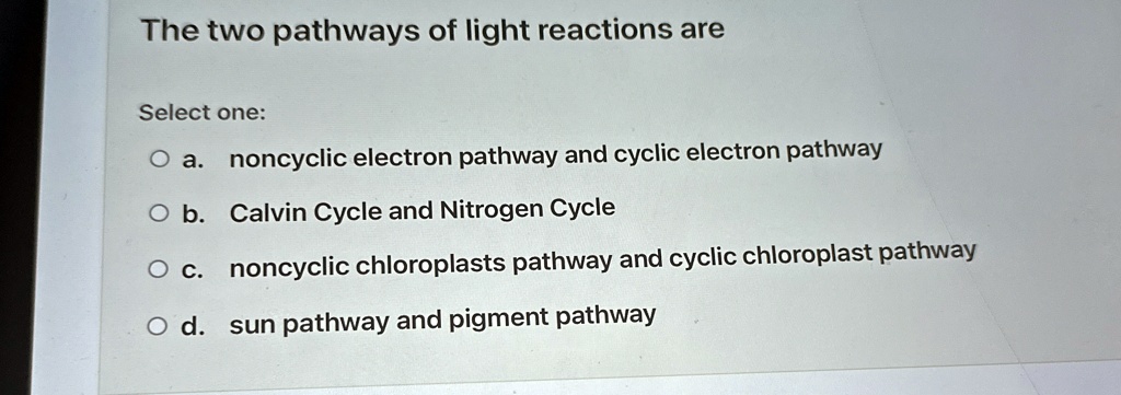 The two pathways of light reactions are Select one: O a. noncyclic ...