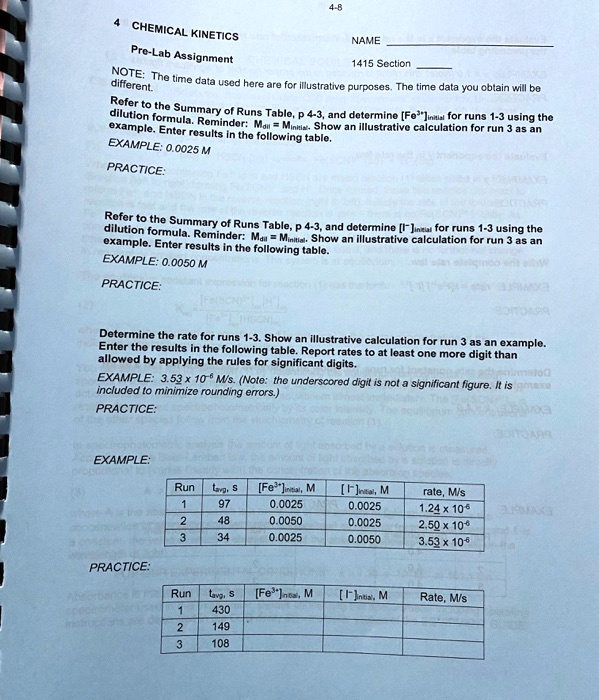 SOLVED: Name 1415 Section CHEMICAL KINETICS Pre-Lab Assignment NOTE: The different units used ...