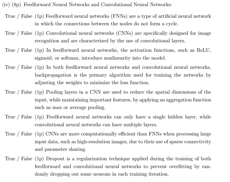 Solved Iv 8p Feedforward Neural Networks And Convolutional Neural Networks True False