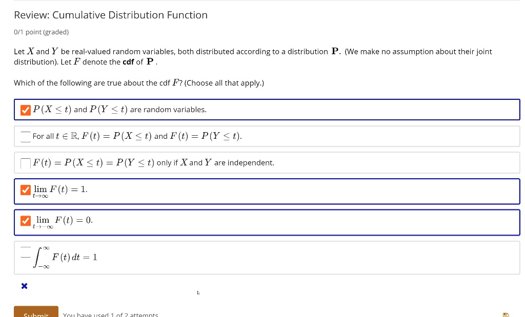 Solved Review Cumulative Distribution Function 01 Point Graded Let Xand Y Be Real Valued