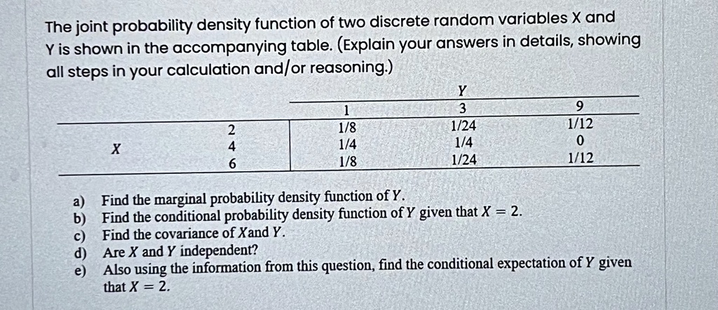 the joint probability density function of two discrete random variables x and y is shown in the ...