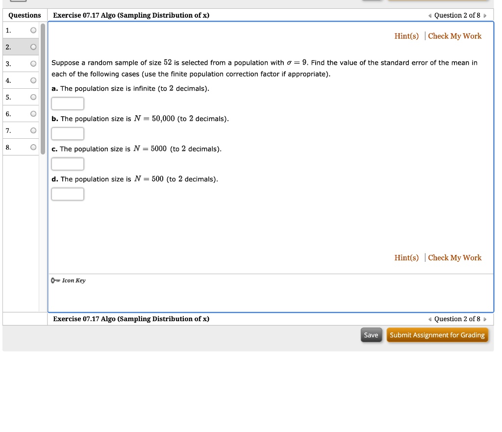 questions exercise 0717 algo sampling distribution of x question of 8 hints check my work ...