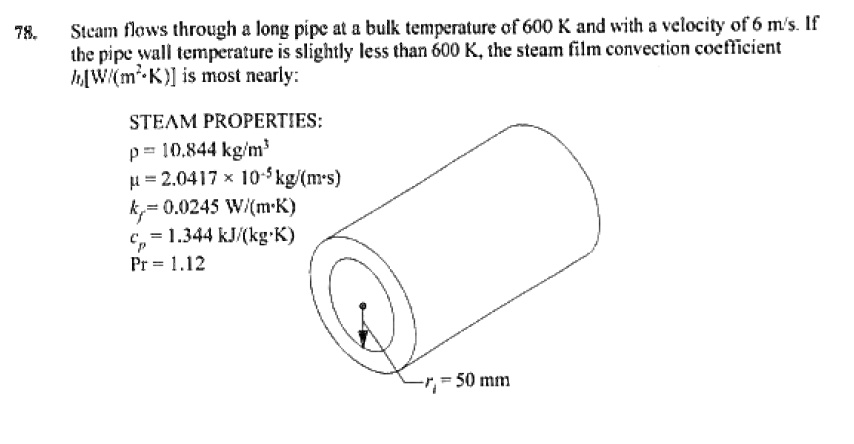 78. Steam flows through a long pipe at a bulk temperature of 600 K and ...