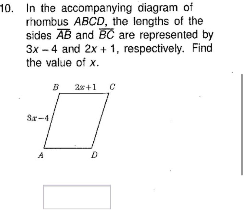 SOLVED: 'In the accompanying diagram of rhombus ABCD, The lengths of ...