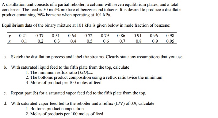 A distillation unit consists of a partial reboiler, a column with seven ...