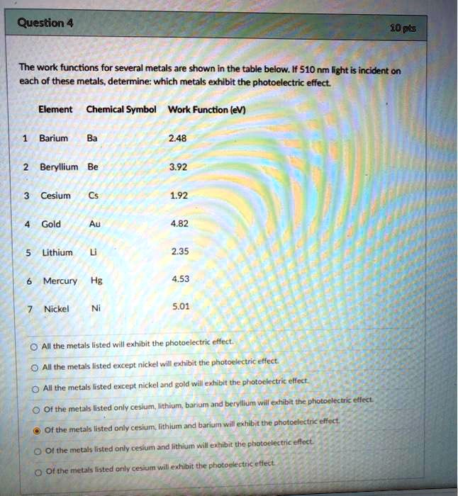 SOLVED: Question 4 Sops The work functions for several metals are shown ...