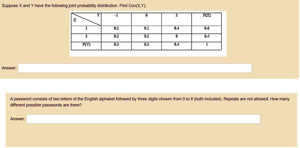 SOLVED: Suppose X and Y have the following joint probability distribution: Find Cov(X,Y): PC 0.6 ...