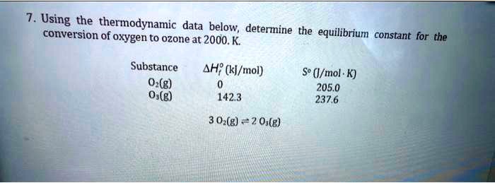 SOLVED: Using the thermodynamic data below, determine the conversion of oxygen to ozone at 2000 ...