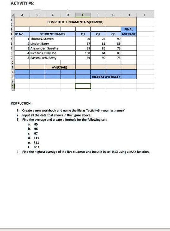 ACTIVITY #6: COMPUTER FUNDAMENTALS (COMP01) ID No. STUDENT NAMES Q1 Q2 Q3 FINAL AVERAGE 1 Thomas ...