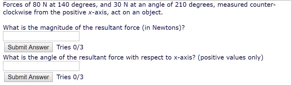 forces of 80 n at 140 degrees and 30 n at an angle of 210 degrees ...