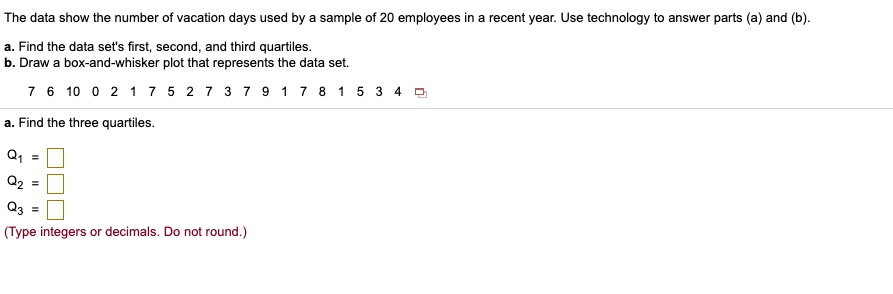 SOLVED: The data show the number of vacation days used by sample of 20 employees in recent year ...