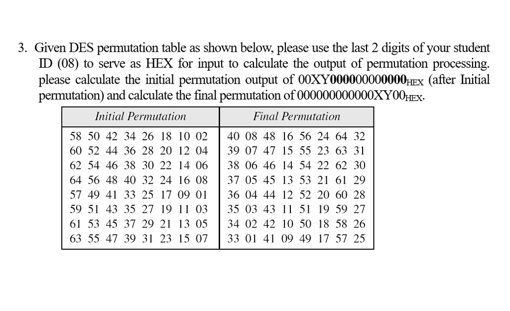 given des permutation table as shown below please use the last 2 digits ...
