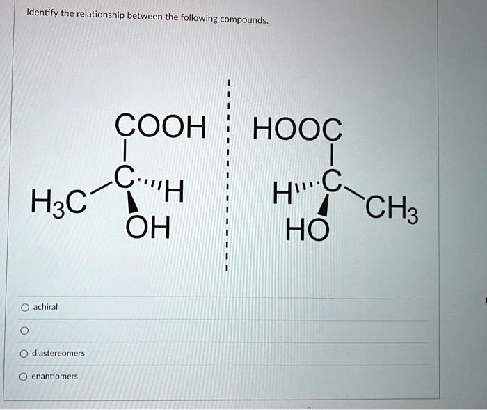 identify the relationship between the following compounds cooh hooc hc ho ch3 h3c h oh achiral ...