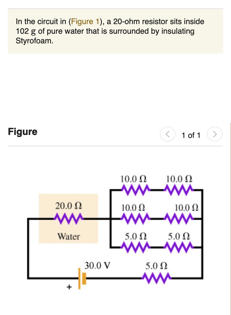 SOLVED: In the circuit in (Figure 1) , a 20-ohm resistor sits inside 102 g of pure water that is ...