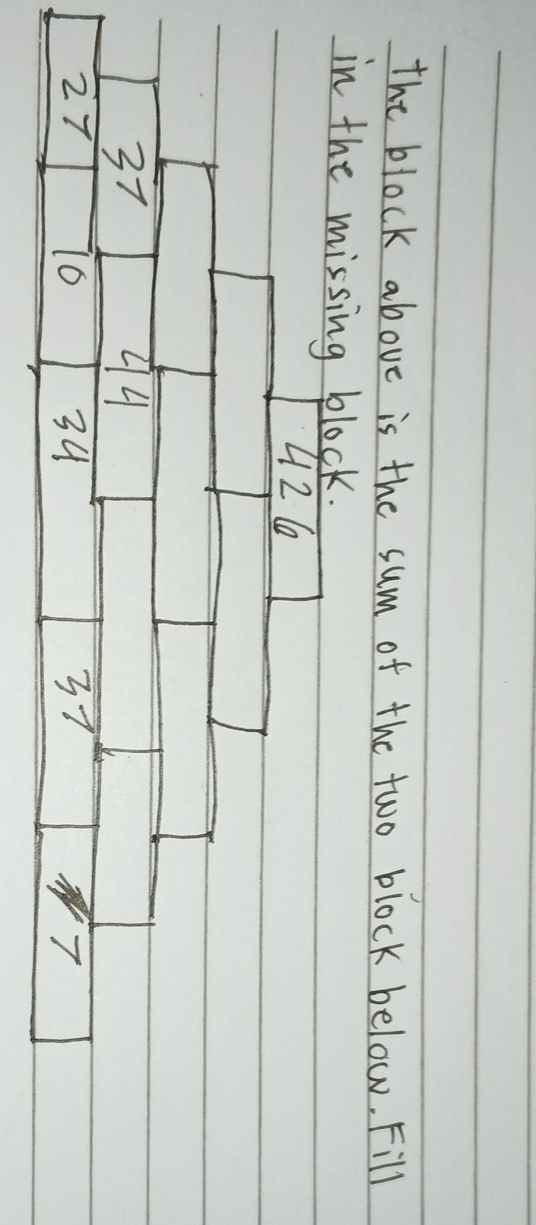 the block above is the sum of the two block below. Fill in the missing block.