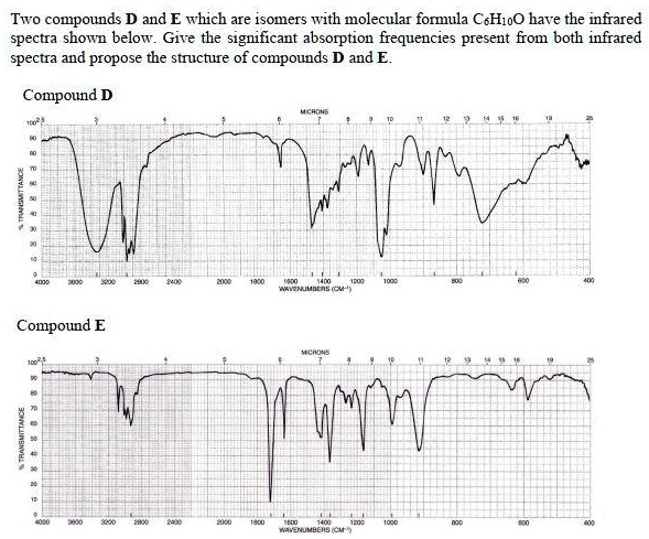 Two compounds D and E which are isomers with molecular formula C6H10O have the infrared spectra ...