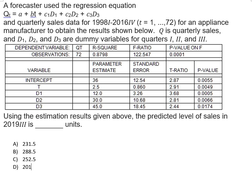A forecaster used the regression equation Qt = a + bt + c1D1 + c2D2 ...