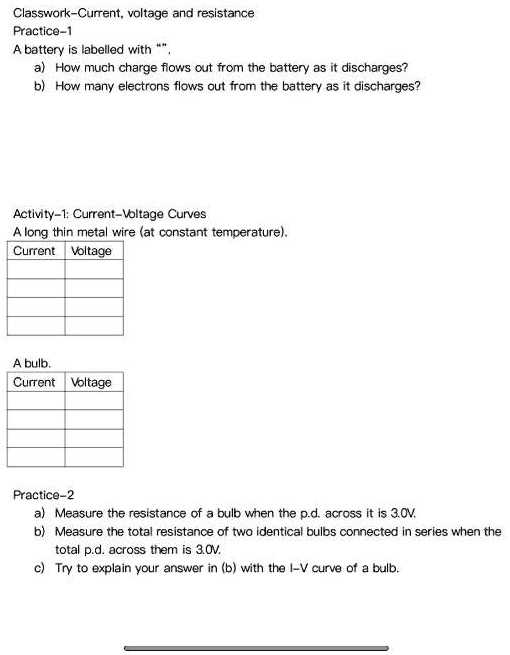 SOLVED: Texts: Classwork - Current, Voltage, and Resistance Practice-1 ...