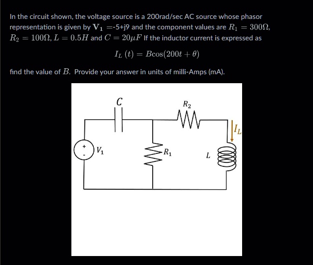 SOLVED: In the circuit shown, the voltage source is a 200 rad/sec AC source whose phasor ...