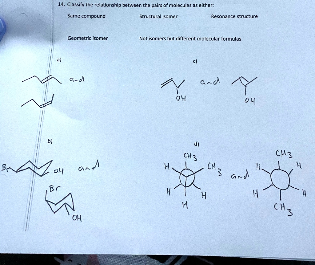 SOLVED: 14. Classify the relationship between the pairs of molecules as either: Same compound ...